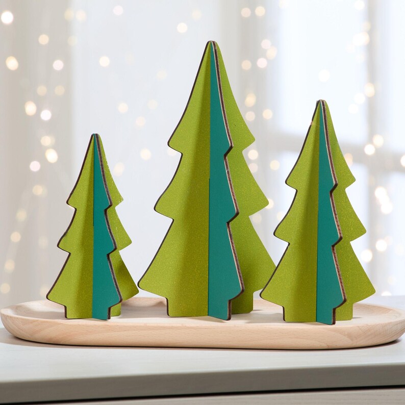 Set of 15 Wooden Interlocking Trees, Winter Tabletop Decor, Christmas ...