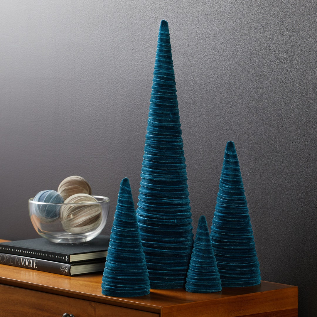 Velvet Cones Set of 4 Teal, Rustic Home Decor, Tabletop Tree Decor ...