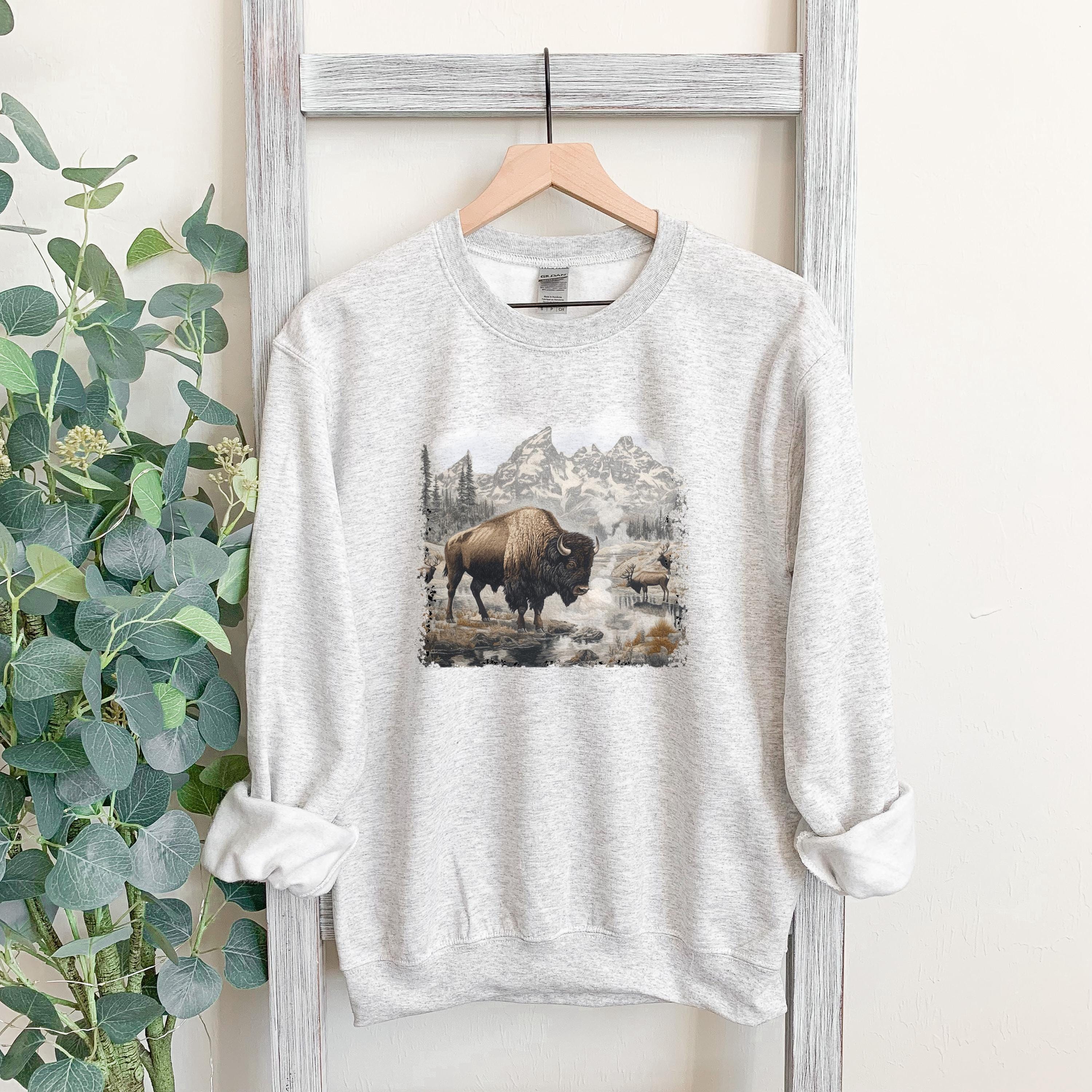 Retro Bison Roaming A Geyser Basin Sweatshirt - 90s Bull Buffalo ...