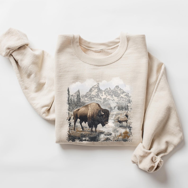 Retro Bison Roaming A Geyser Basin Sweatshirt - 90s Bull Buffalo ...