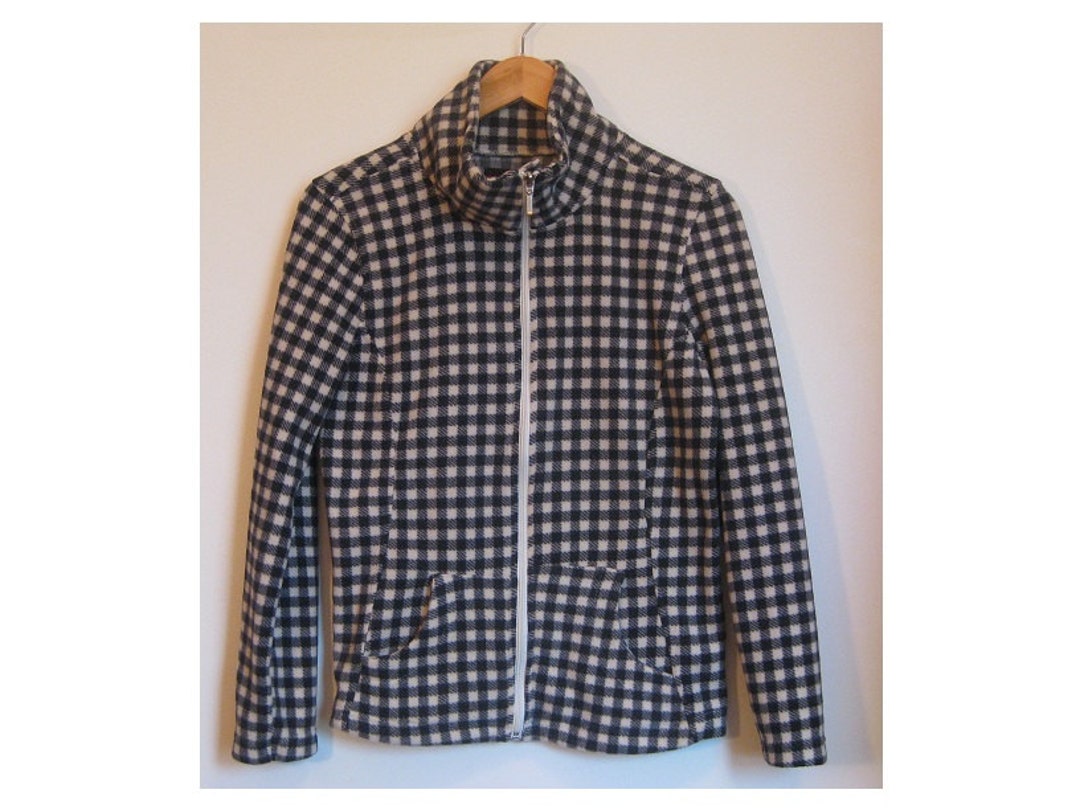 90's Black White Check Fleece Jacket - Plaid Fabric - Light Weight ...
