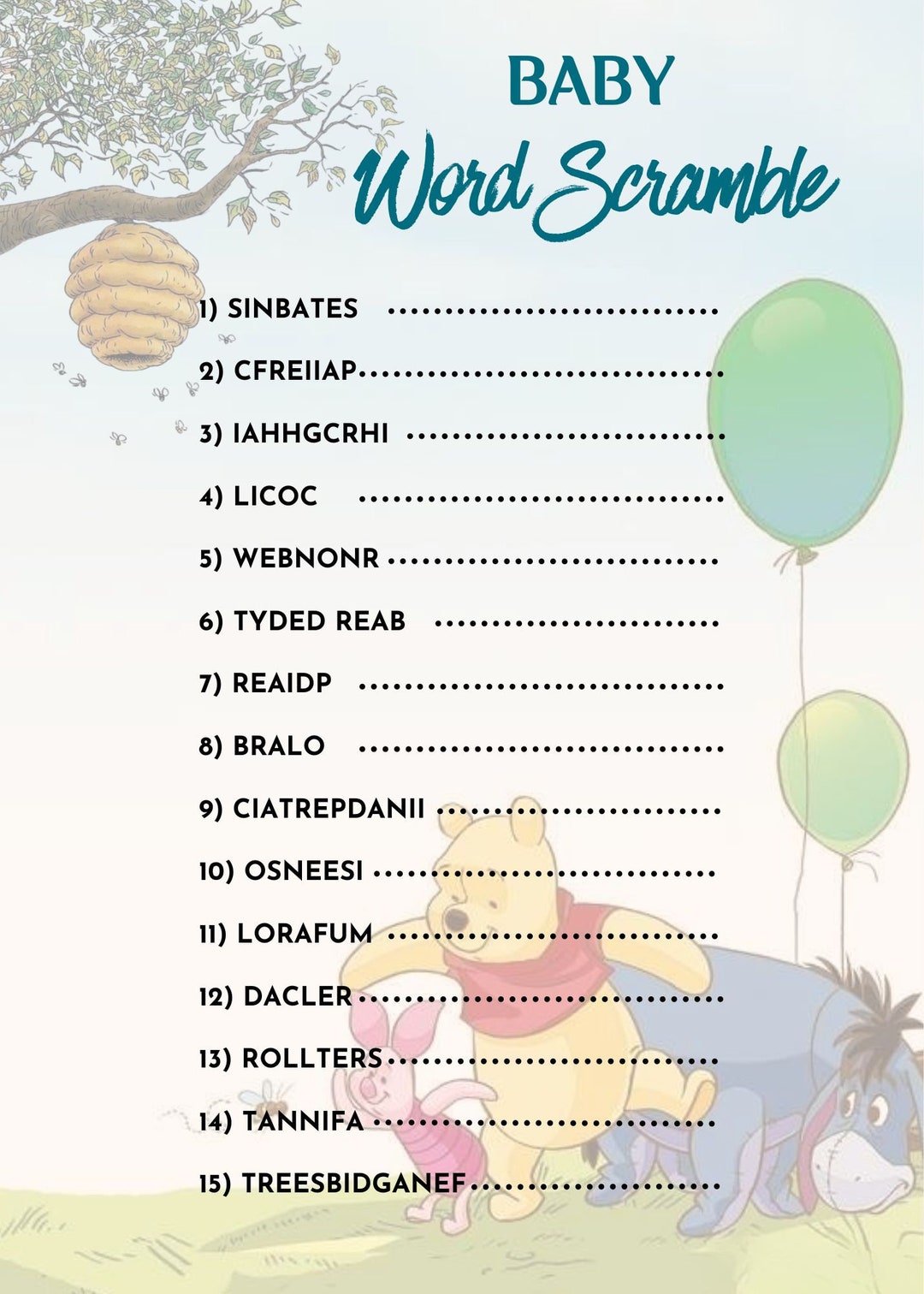 Printable Winnie the Pooh Baby Shower Word Scramble / Boho Guessing ...