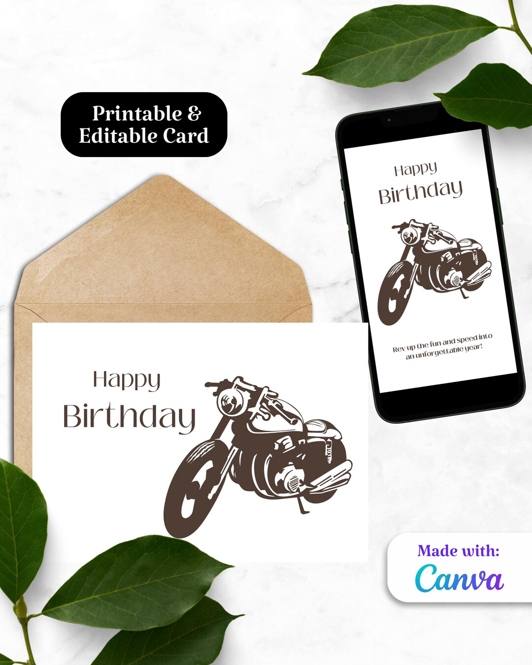Digital Birthday Card, Motorcycle Graphic Minimal, Editable Card, Phone ...
