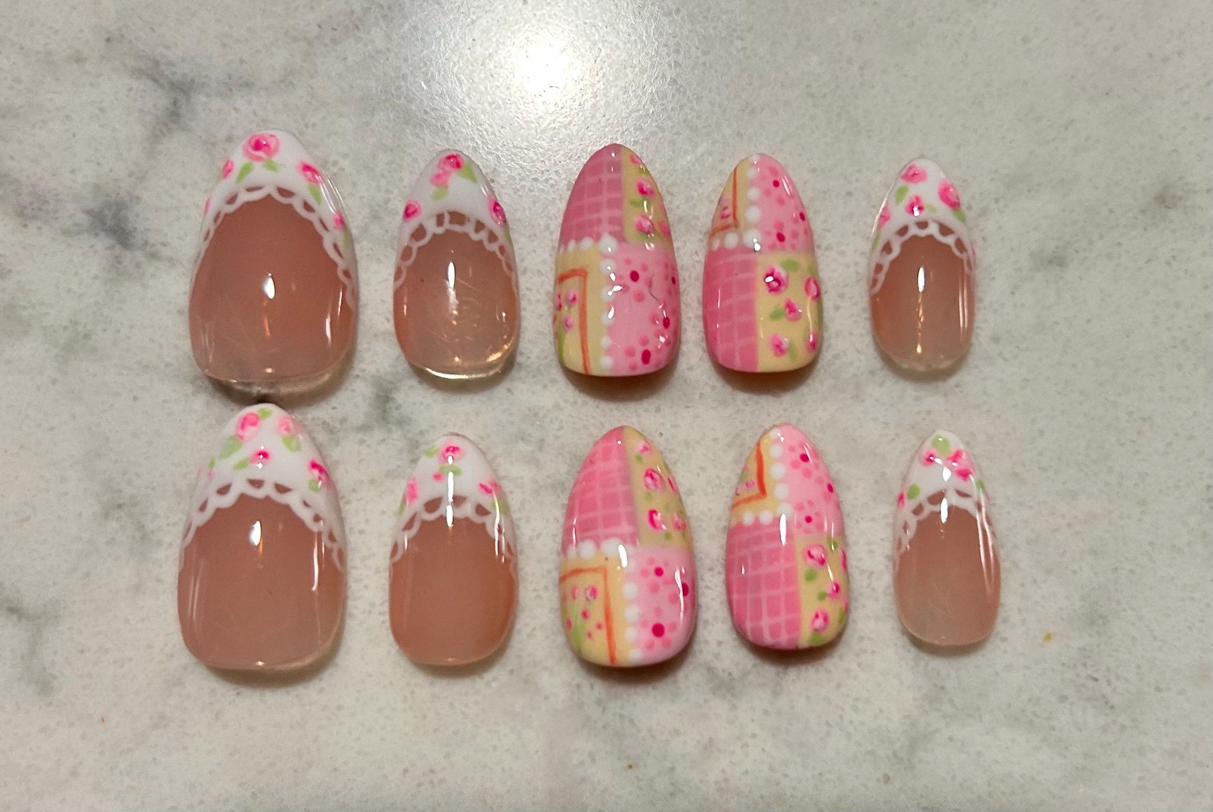 Pink Spring Rose Flower Nails With Floral Patterns - Etsy