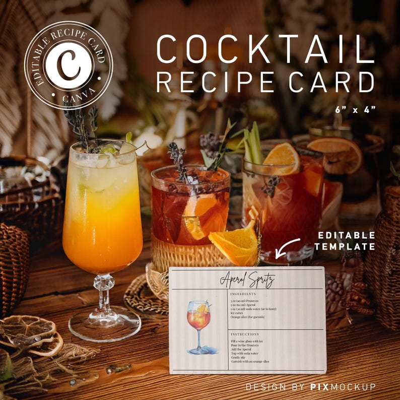 Cocktail Recipe Card Template, Personalized Recipe Card, Bar Drink ...