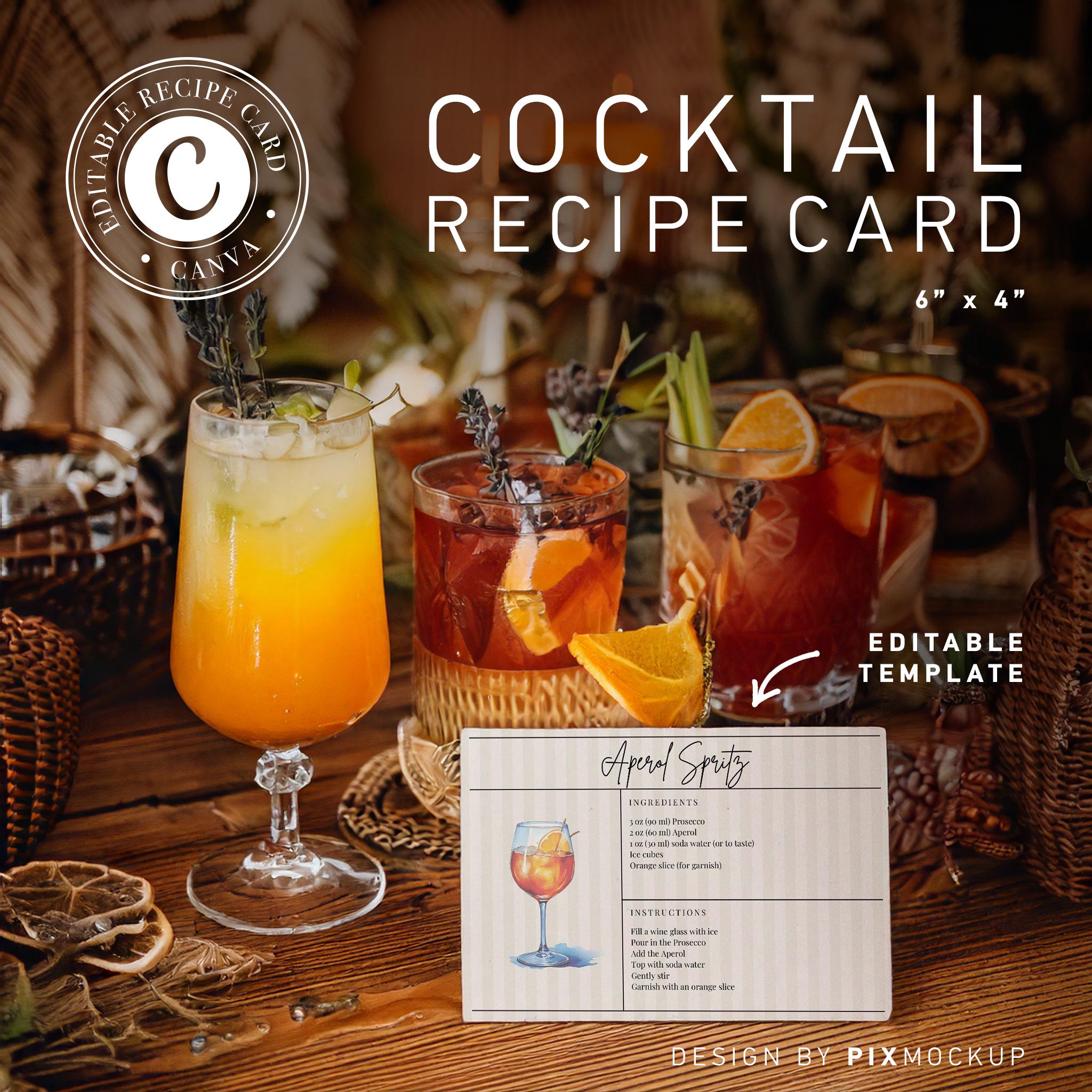 Cocktail Recipe Card Template, Personalized Recipe Card, Bar Drink ...