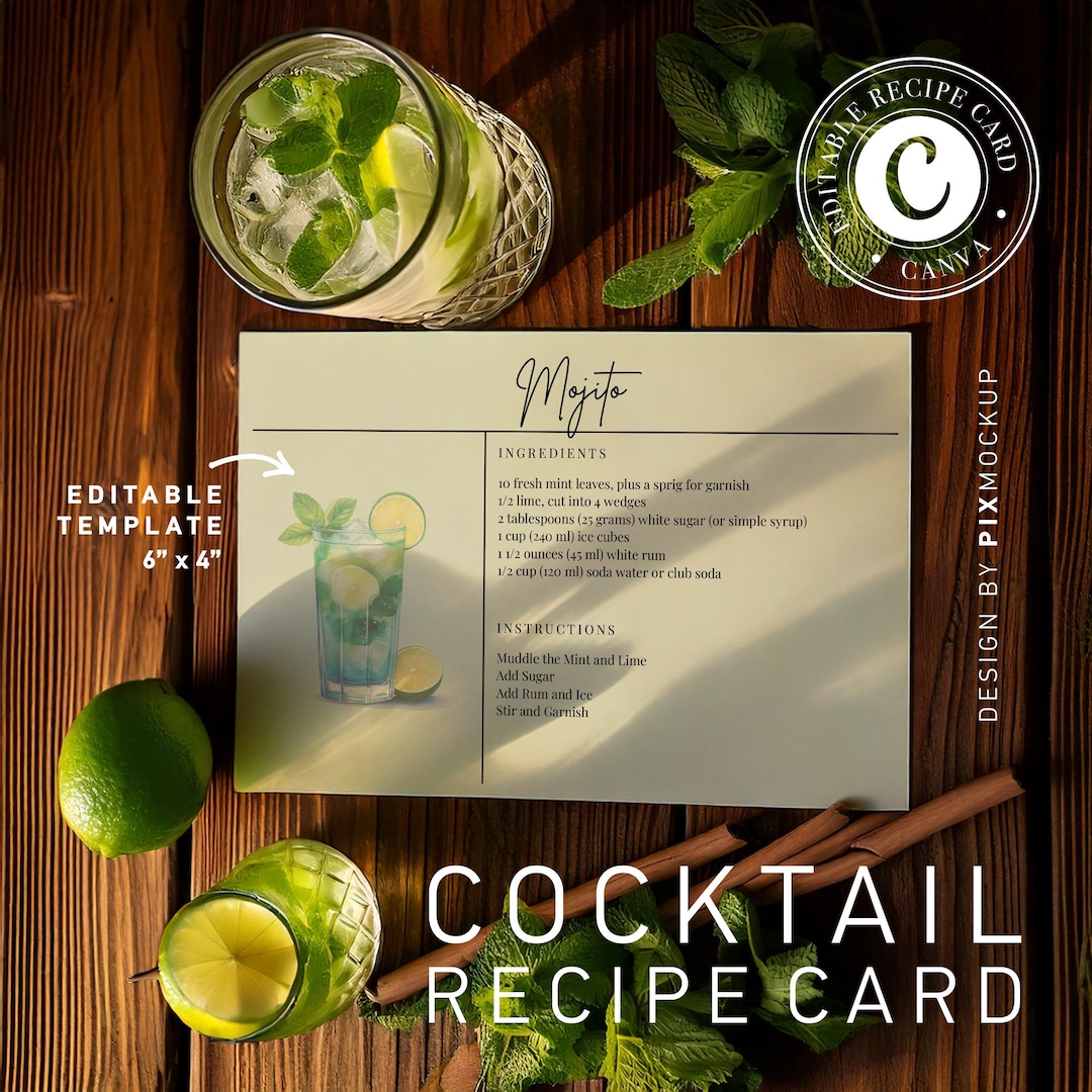 Minimalist Cocktail Recipe Card Template: Editable Bar Drink (canva) - Etsy