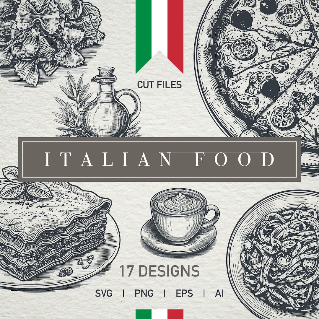 Italian Food Illustrations SVG Bundle: Retro Menu Clipart (digital ...