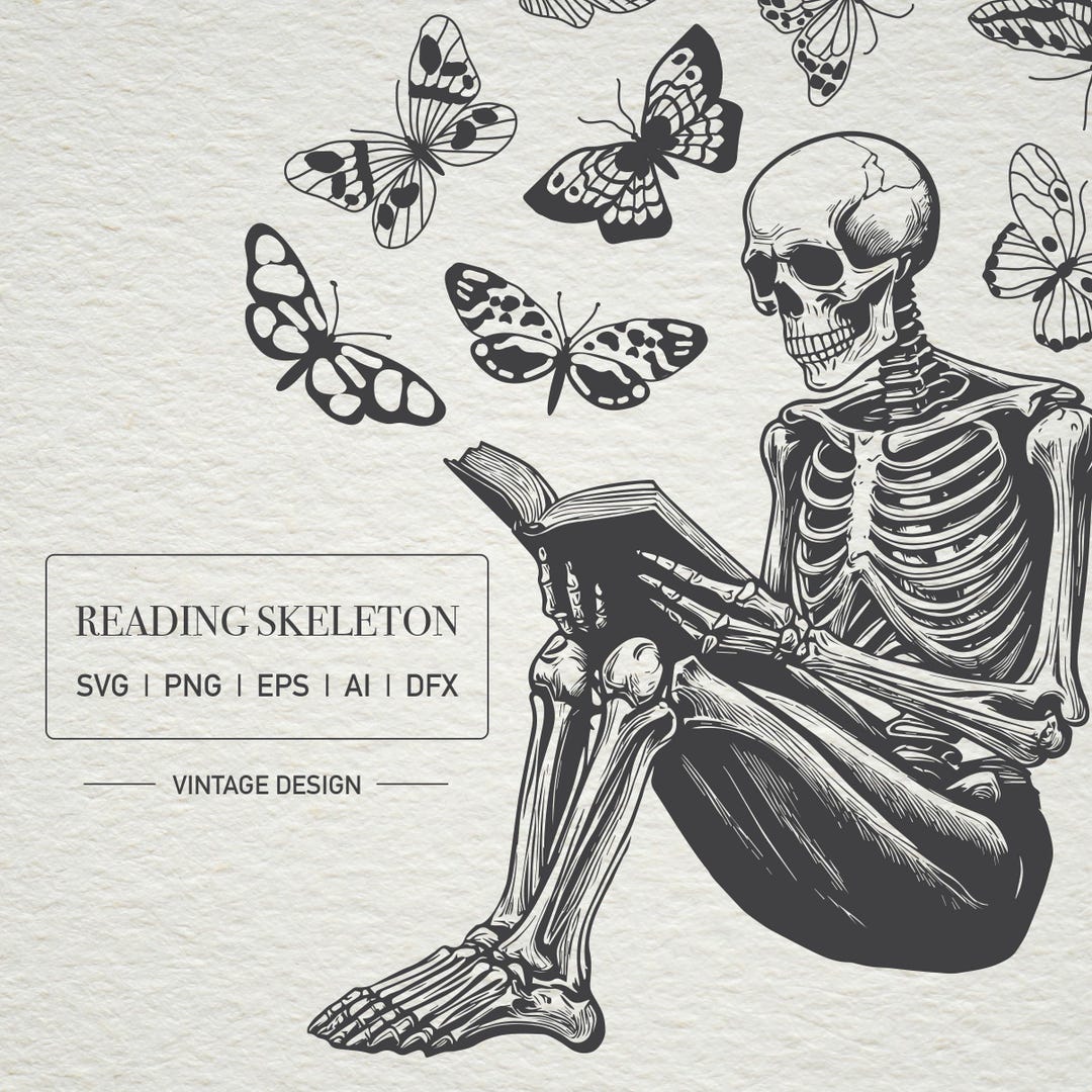 Book Reading Skeleton SVG: Gothic Skull & Butterflies Clipart (digital ...
