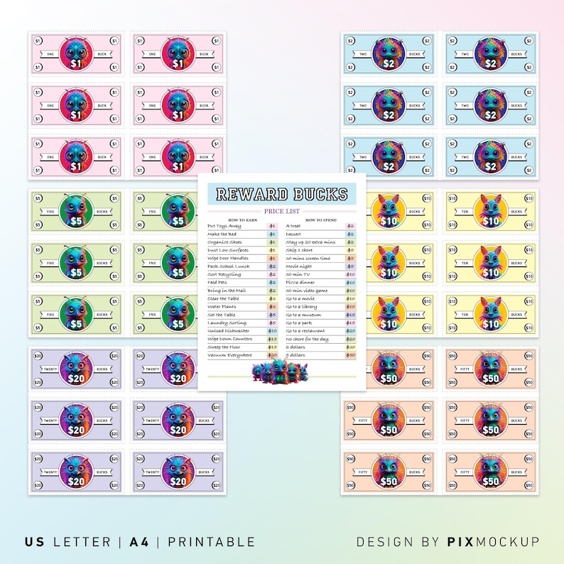 Kids Reward Bucks: Printable Chore Chart, Play Money (PDF) - Etsy