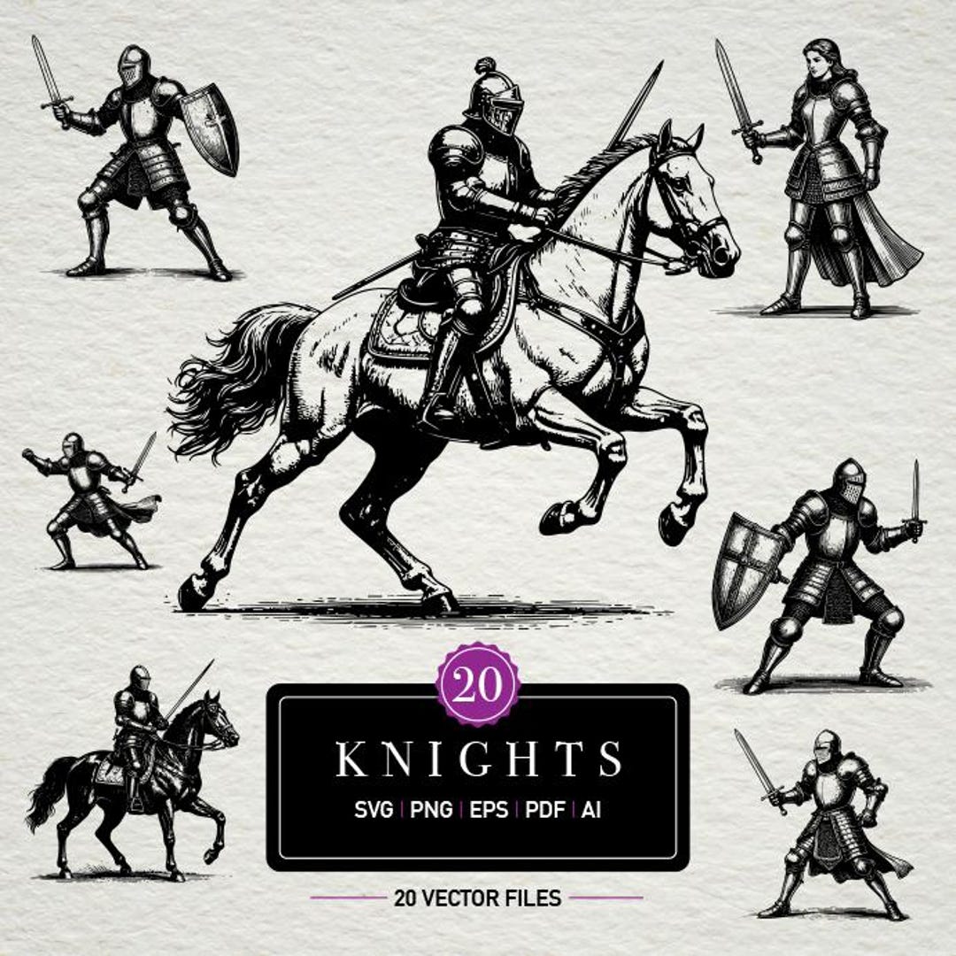 Medieval Knight SVG Bundle: Lithograph Style Vector Clipart (digital ...