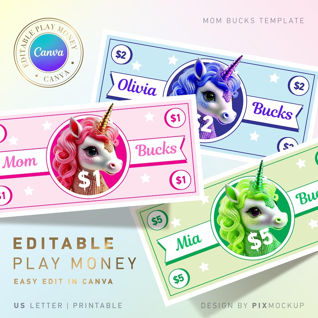 Editable Play Money | Reward Chart | Unicorn Printable Money | Reward ...