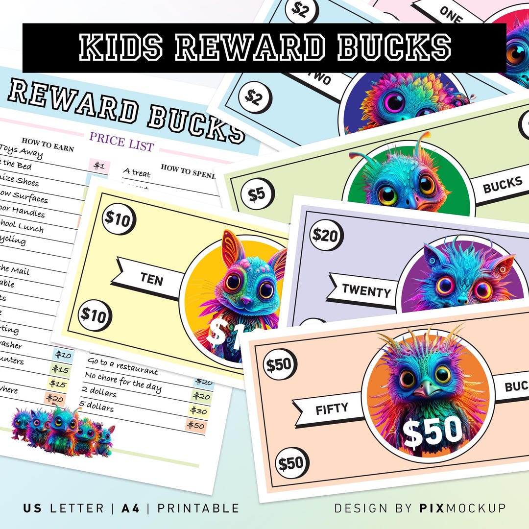 Kids Reward Bucks: Printable Chore Chart, Play Money (PDF) - Etsy