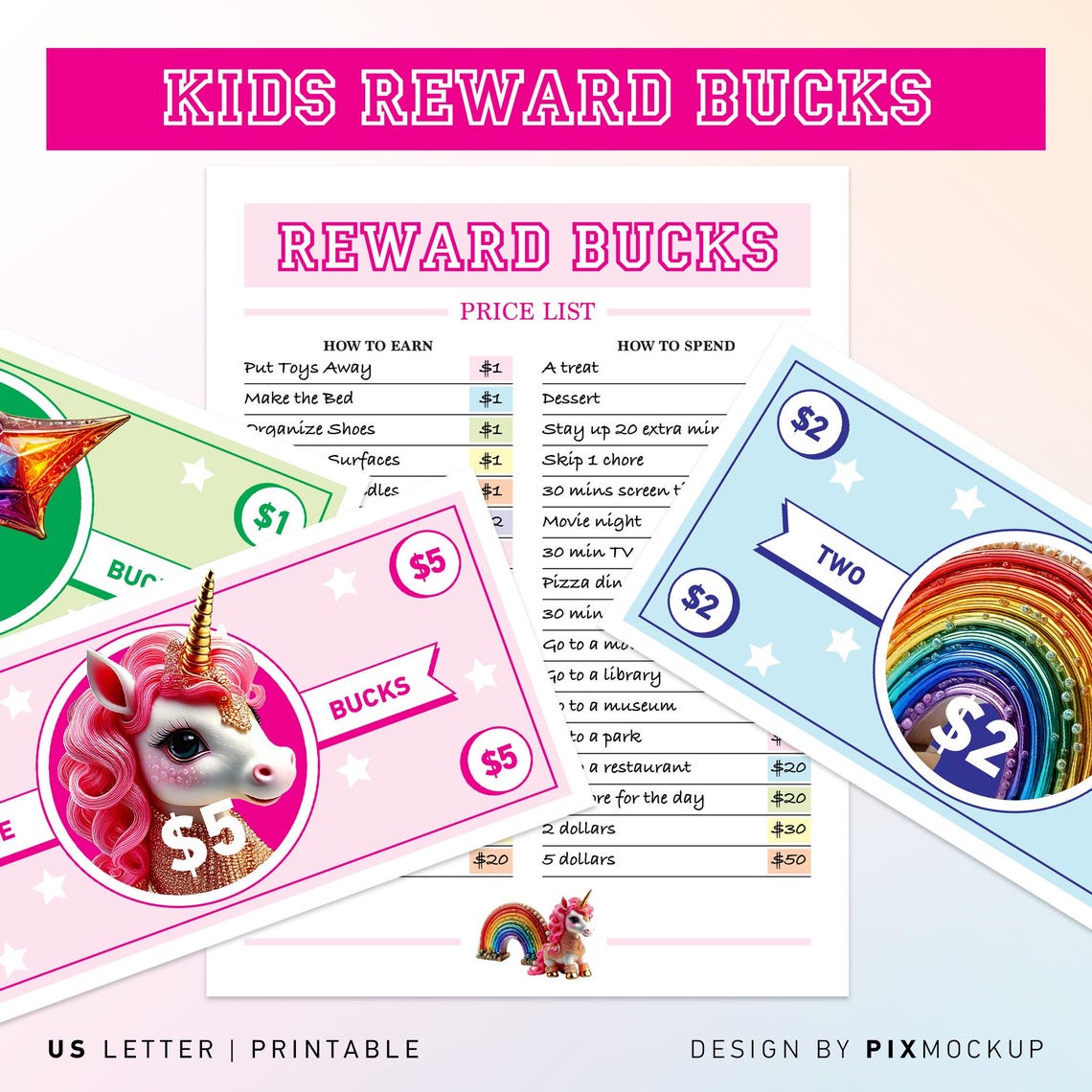 Kids Reward Bucks: Printable Chore Chart, Play Money (PDF) - Etsy