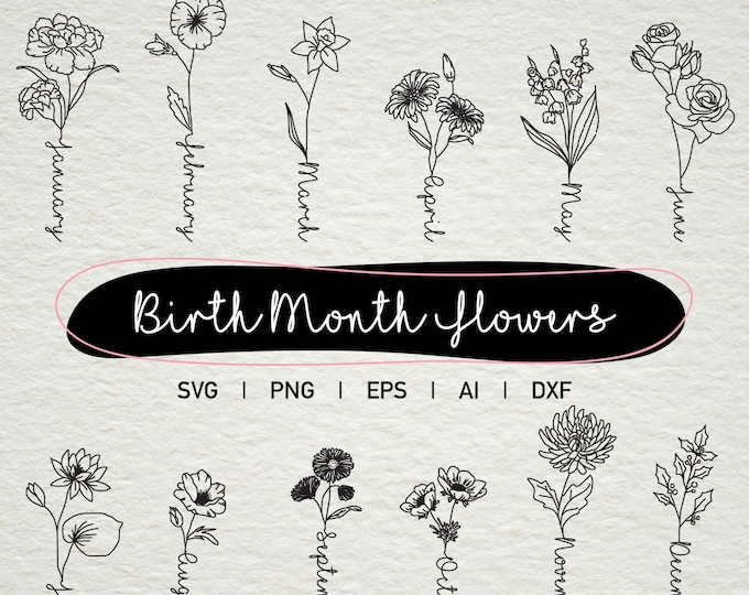 Birth Month Flower SVG Bundle, Floral Sketch Cut Files (digital ...