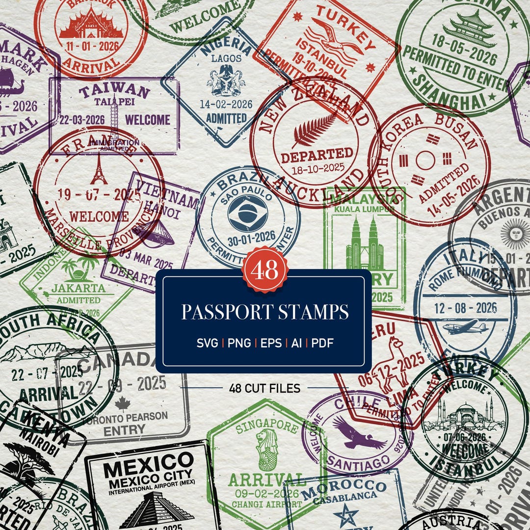 Vintage Passport Stamps SVG, Travel Journal Clipart, World Postmark Cut ...