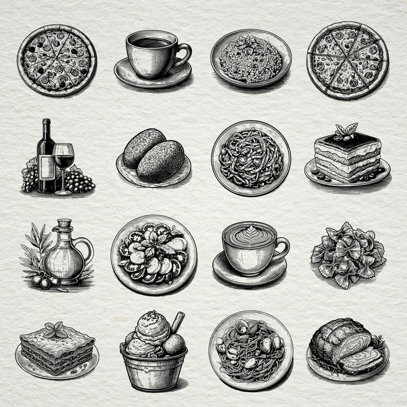 Italian Food Illustrations SVG Bundle: Retro Menu Clipart (digital ...