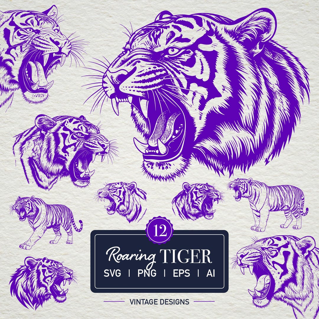 Roaring Tiger Vector SVG Bundle: Vintage Animal Illustrations (digital ...