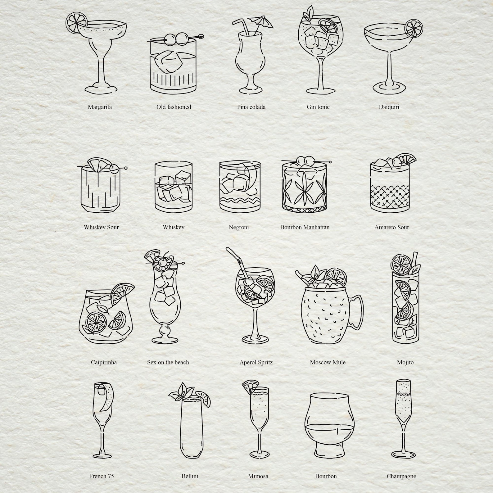 Cocktail Illustrations Bundle: 35 Drink Outline Clipart (SVG, PNG, EPS ...