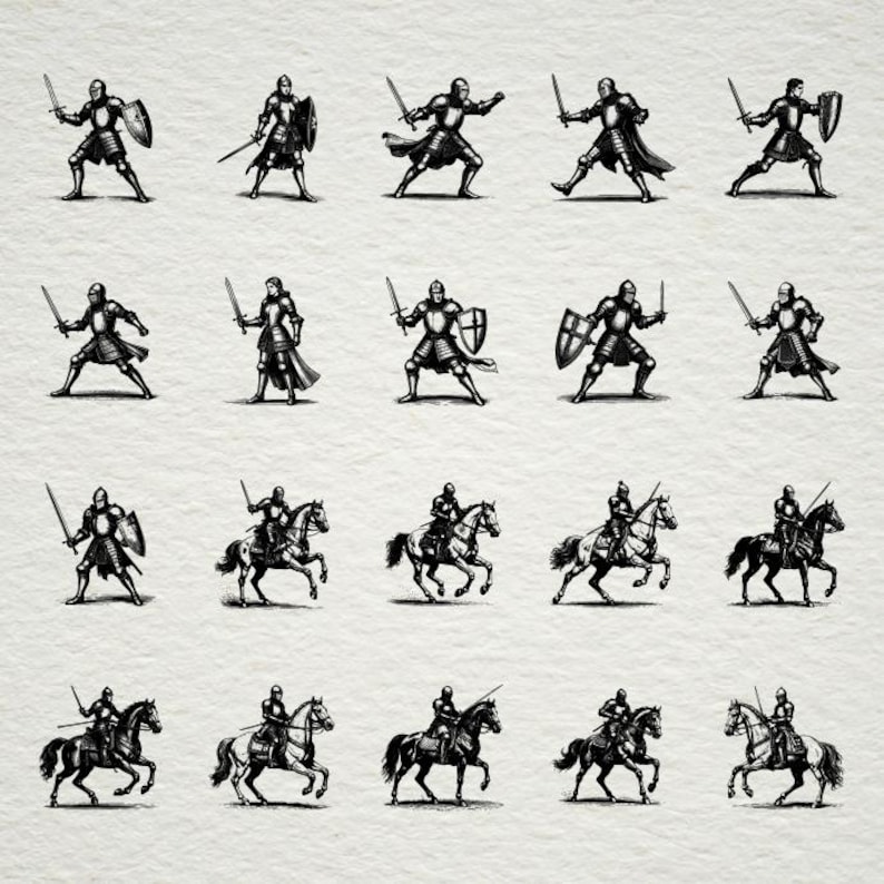 Medieval Knight SVG Bundle: Lithograph Style Vector Clipart (digital ...