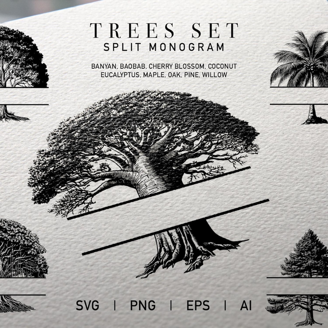 Vintage Tree Monogram SVG Bundle Cut Files Cricut Home Decor PNG Maple ...