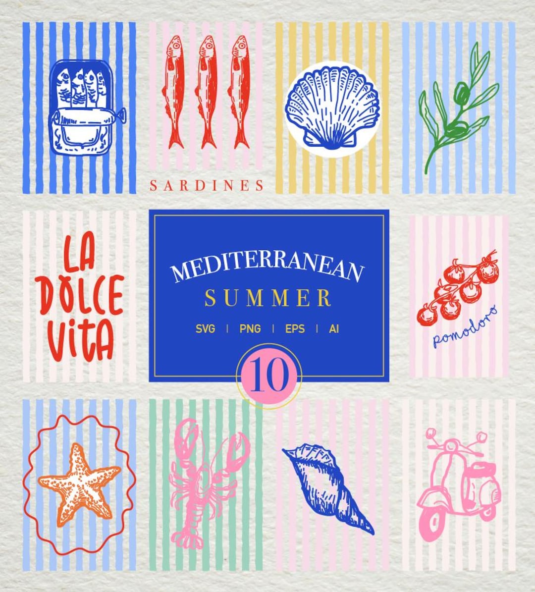 Mediterranean Summer Icons SVG Bundle: Coastal Line Art Clipart ...