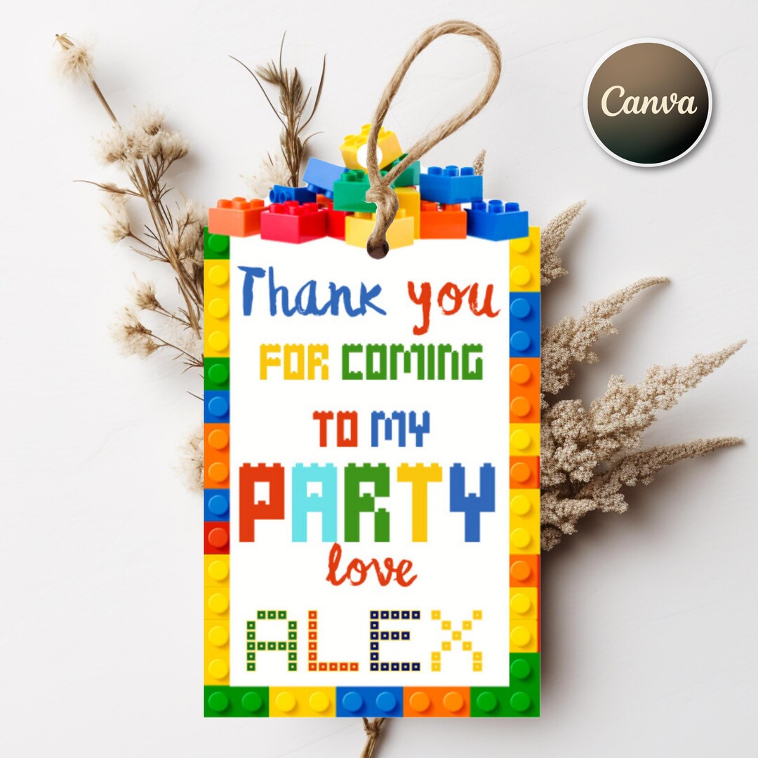 Bricks Birthday Thank You Tag, Custom Birthday Party Tags, Editable ...