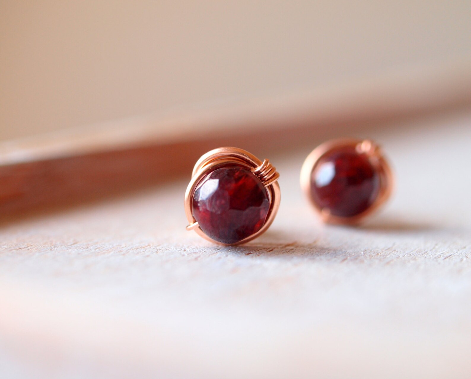 July Birthstone, Red Ruby Round Faceted Stud Earrings, Rose Goldfilled ...