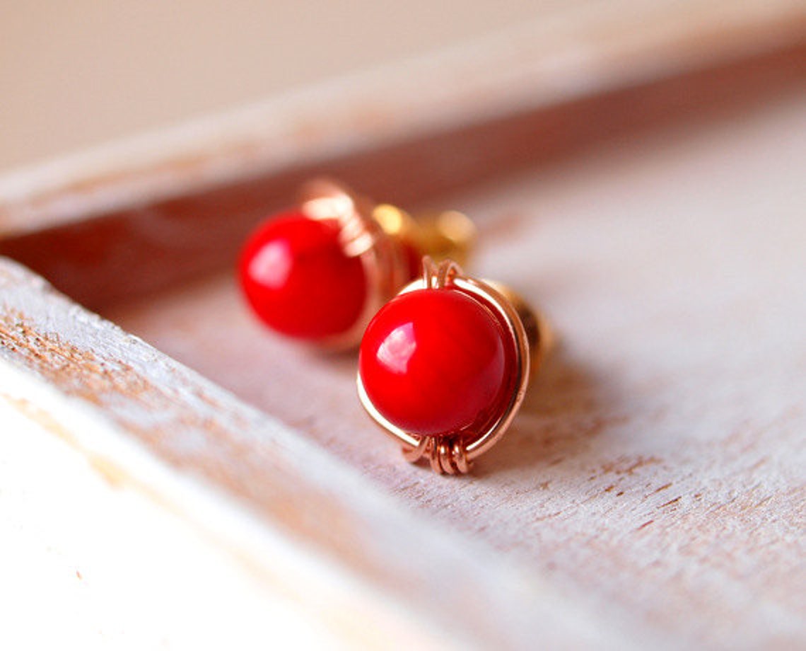 Red Coral Round Stud Earrings, Wirewrapped in Red Gold Filled Wire - Etsy