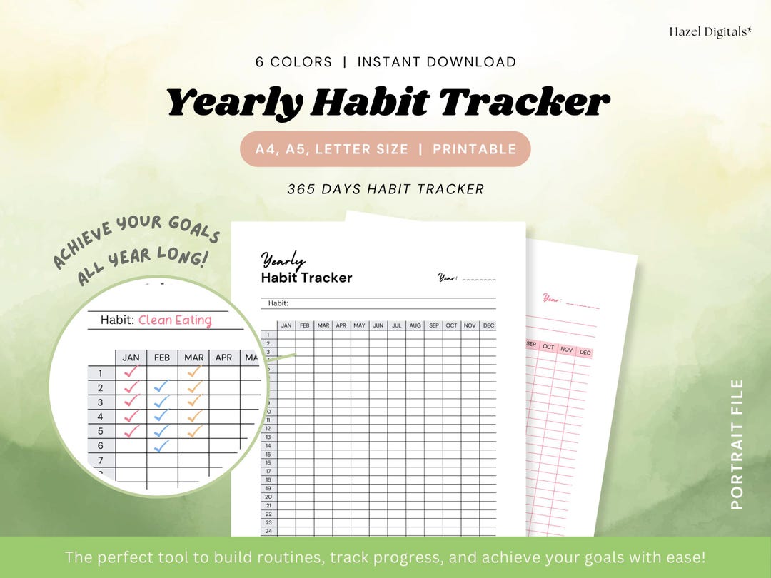 Yearly Habit Tracker Printable, 365 Day Habit Challenge, Productivity ...