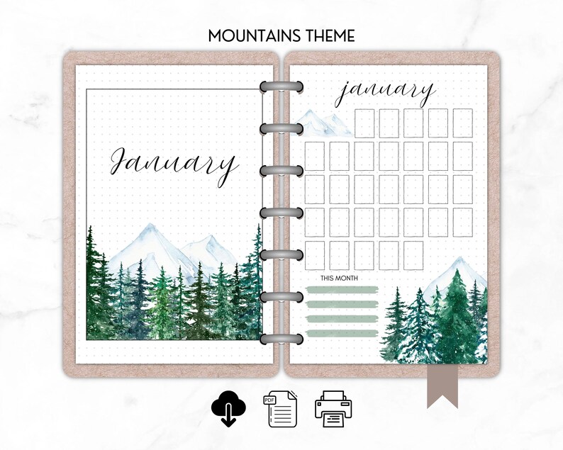 Premade Bullet Journal Template | Mountains Theme Monthly Planner | A5 ...