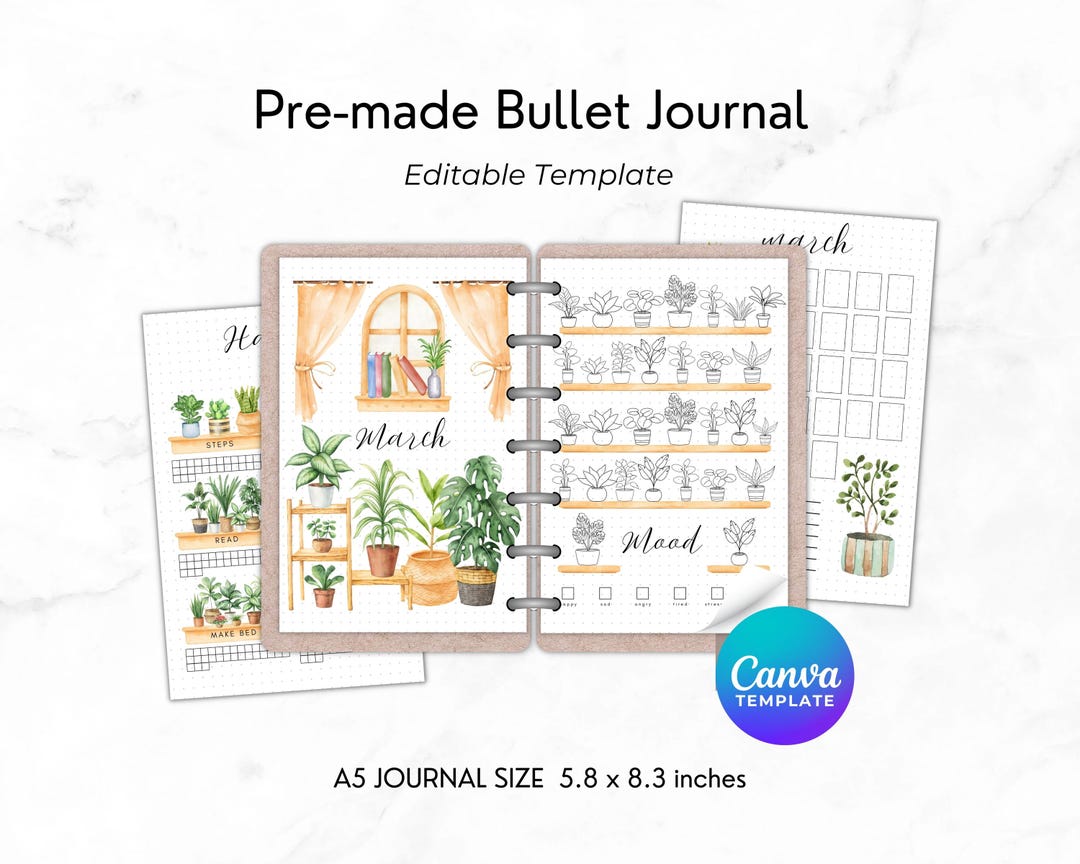 Premade Bullet Journal Template | Plants Theme | Monthly Planner | A5 ...