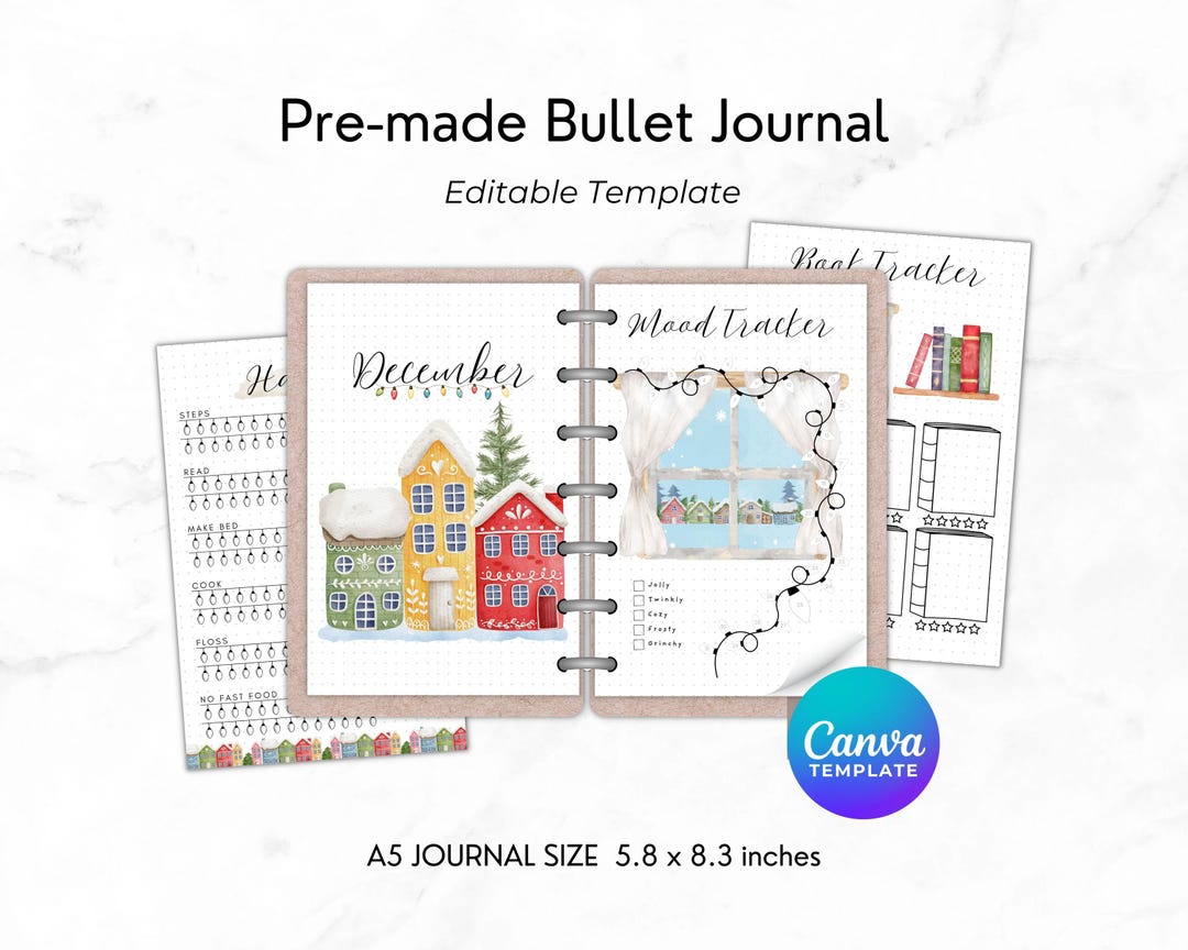 Premade Bullet Journal Template | Christmas Theme Monthly Planner | A5 ...