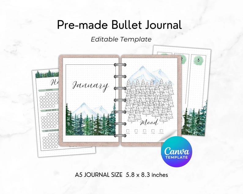 Premade Bullet Journal Template | Mountains Theme Monthly Planner | A5 ...