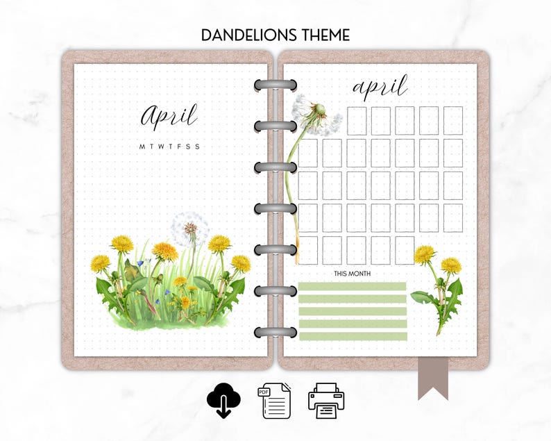 Premade Bullet Journal Template | Dandelions Theme | Monthly Planner ...