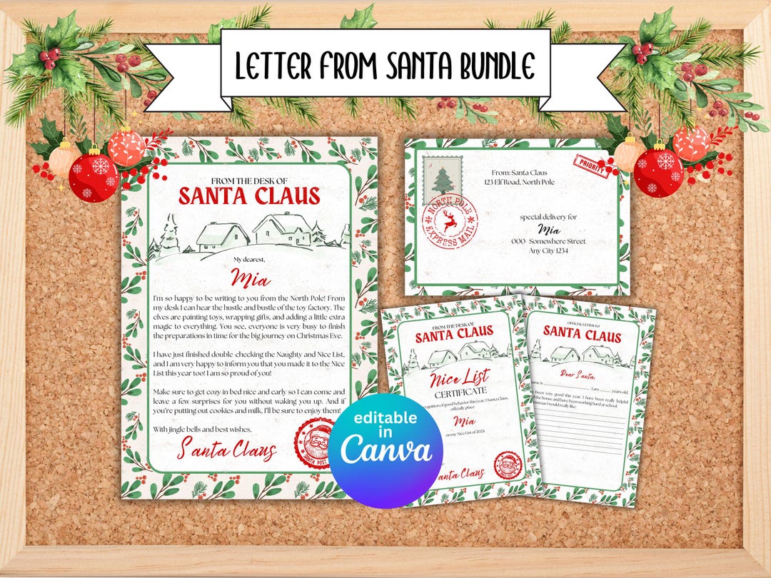 Editable Letter From Santa-nice List Certificate-envelope to Santa ...