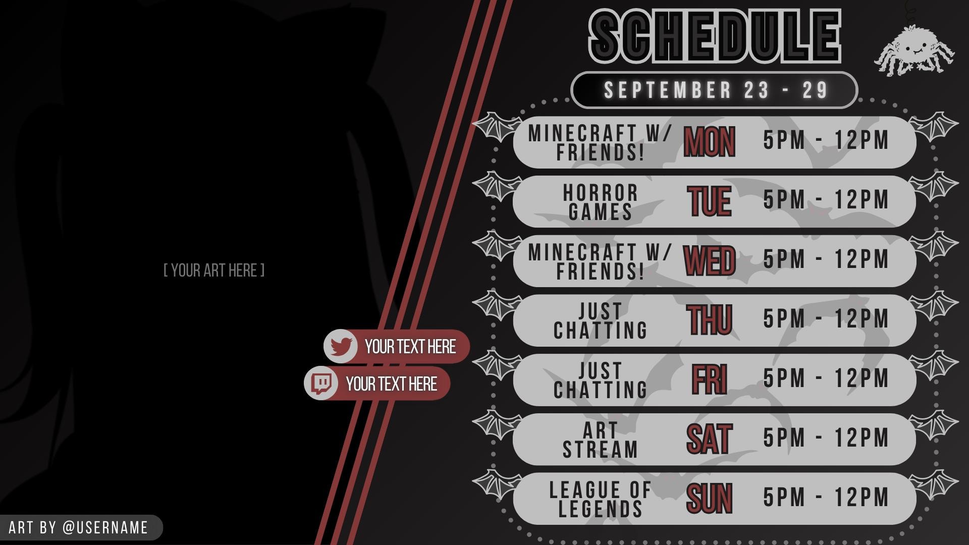 Stream Schedule Template for Twitch + Youtube Streamers || Spooky Bat ...