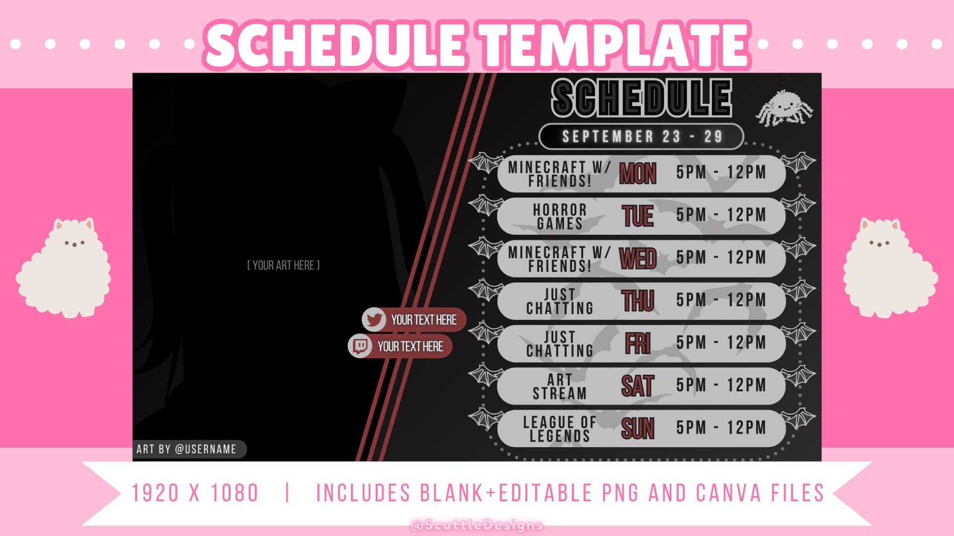 Stream Schedule Template for Twitch + Youtube Streamers || Spooky Bat ...