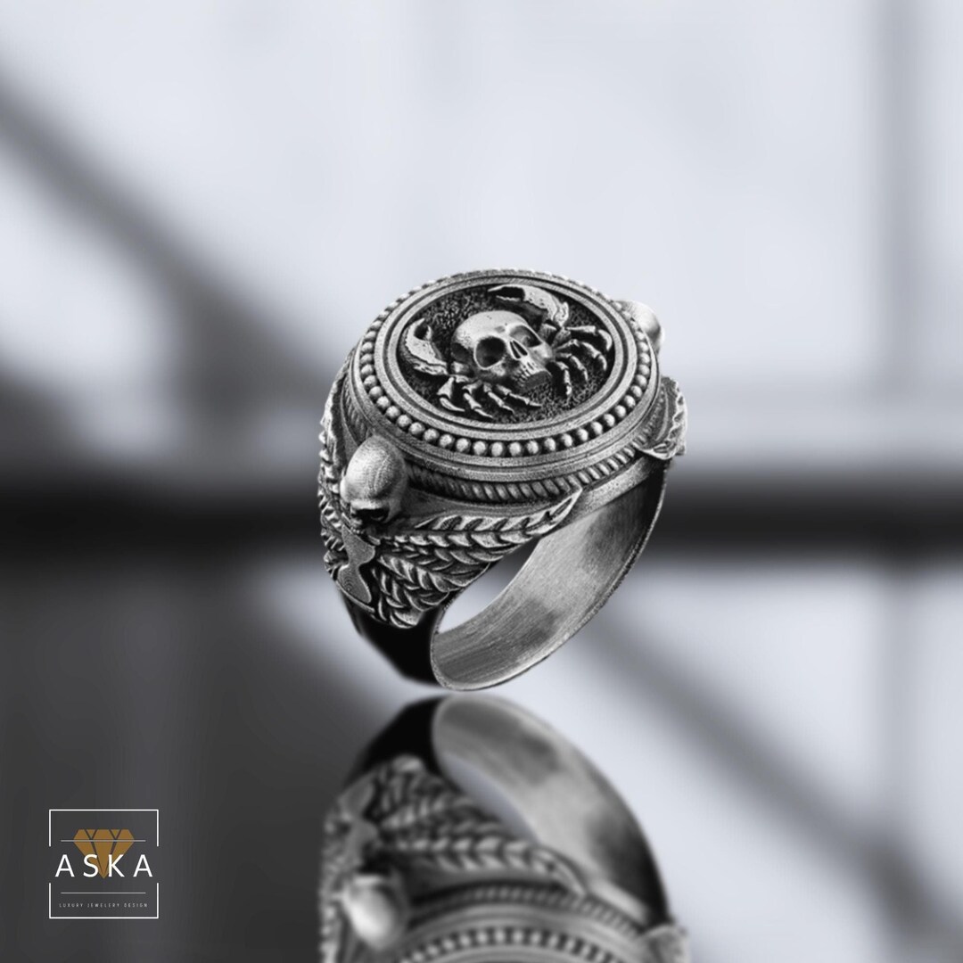 Cancer Gothic Biker Ring for Men, Memento Mori Zodiac Signet Ring in ...
