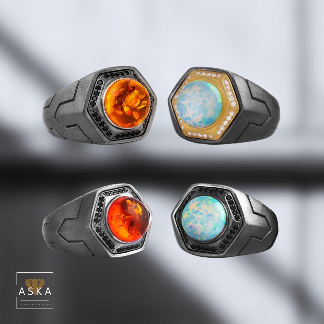Mens Gemstone Silver Signet Rings for Men Unique Mens Ring Men Gemstone ...