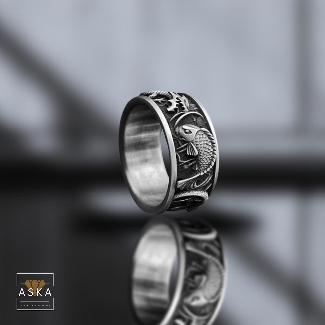 Japanese Dragon Koi Fish Sterling Silver Wedding Ring for Men, Carp Koi ...
