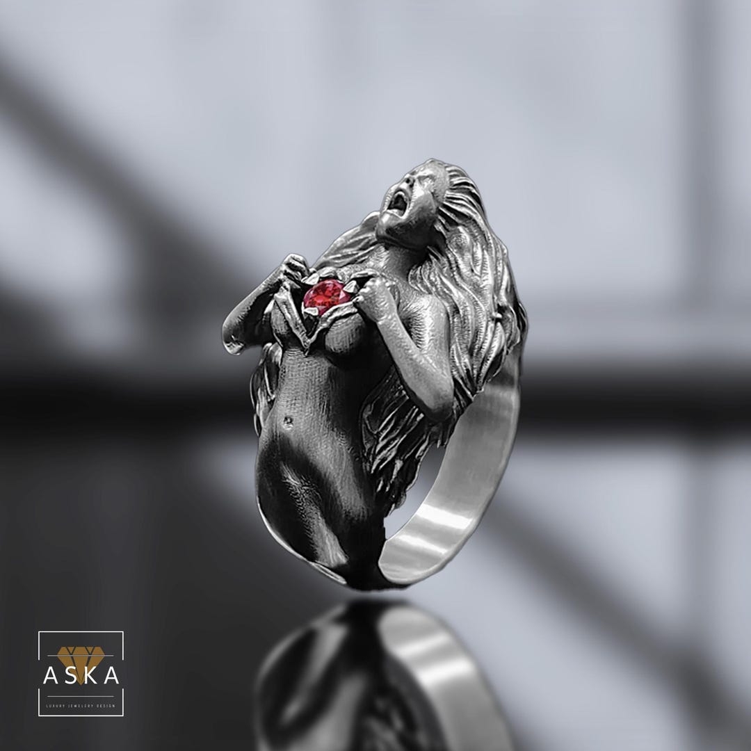 Sterling Silver Screaming Woman Ring: Gothic Red Gemstone Heart Jewelry ...
