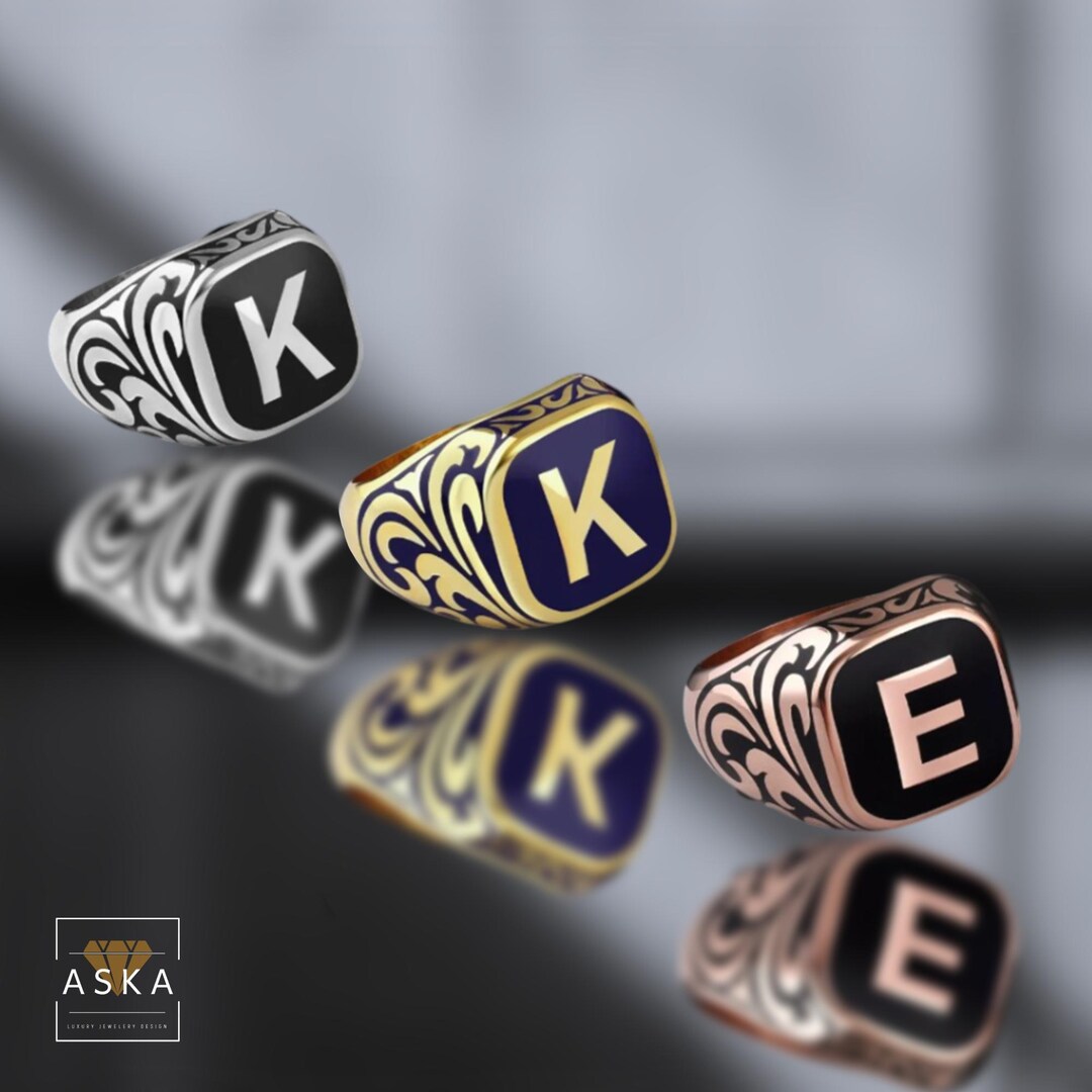 Silver Enamel Alphabet Initial Letter Rings, Gold Plated Navy Blue ...