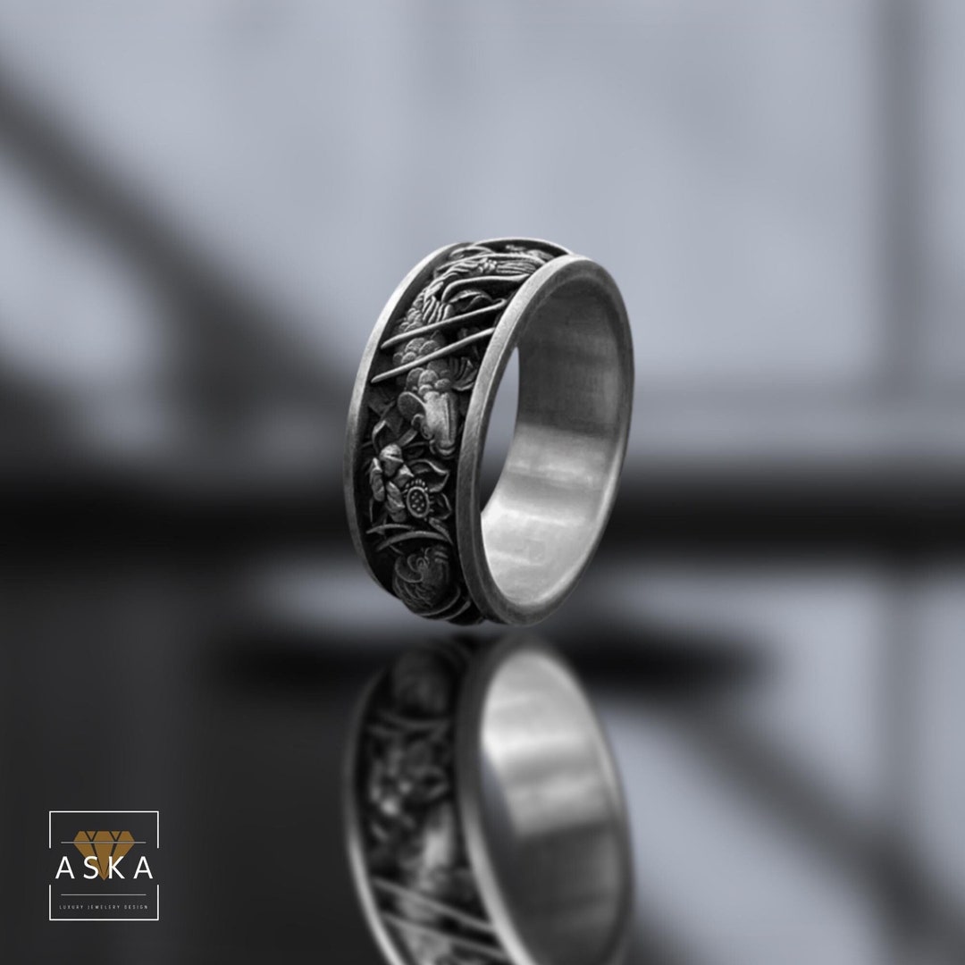 Japanese Koi Fish Sterling Silver Mens Ring, Silver Floral Carp Koi ...