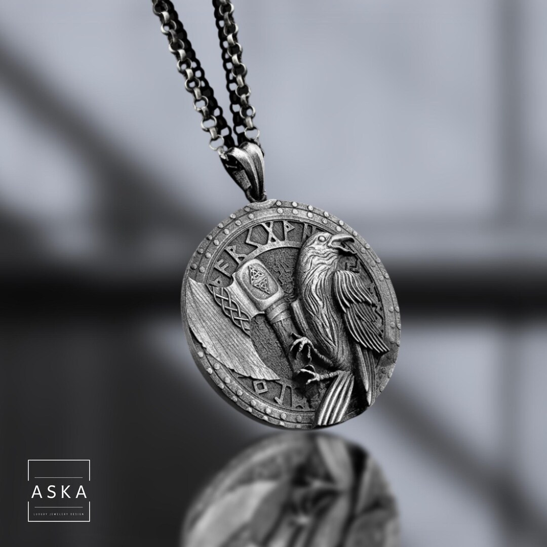Viking Medallion Necklace – Sterling Silver Raven & Axe Pendant – Norse ...