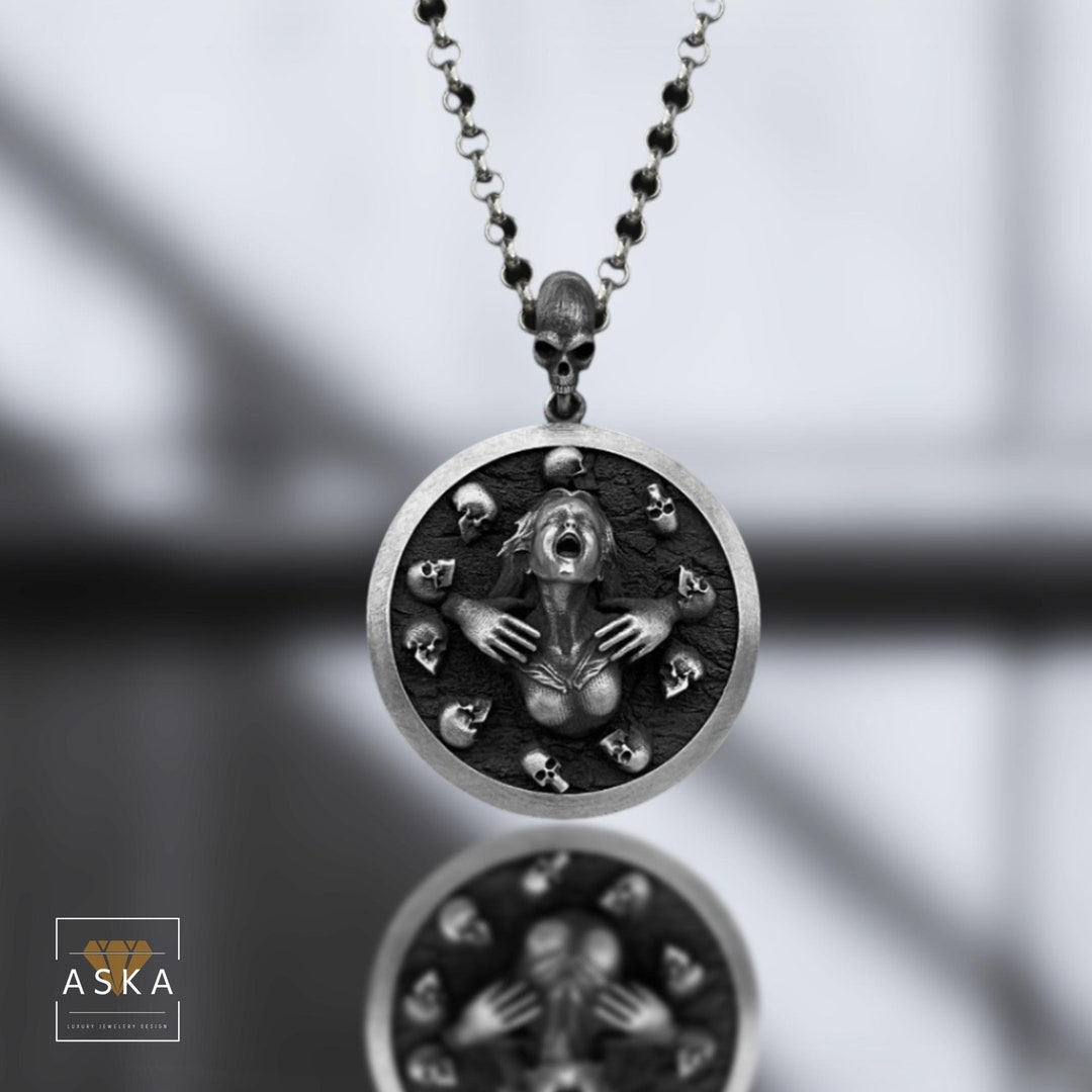 Memento Mori Silver Skull Screaming Girl Locket Necklace, Mystical ...