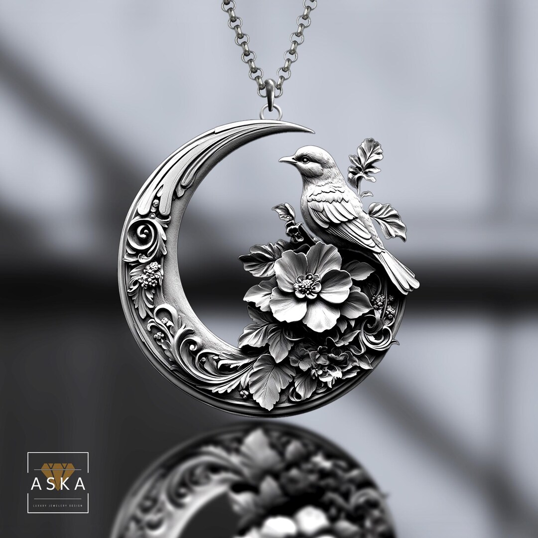 Sterling Silver Moon Bird Flower Necklace: Nature Charm - Etsy