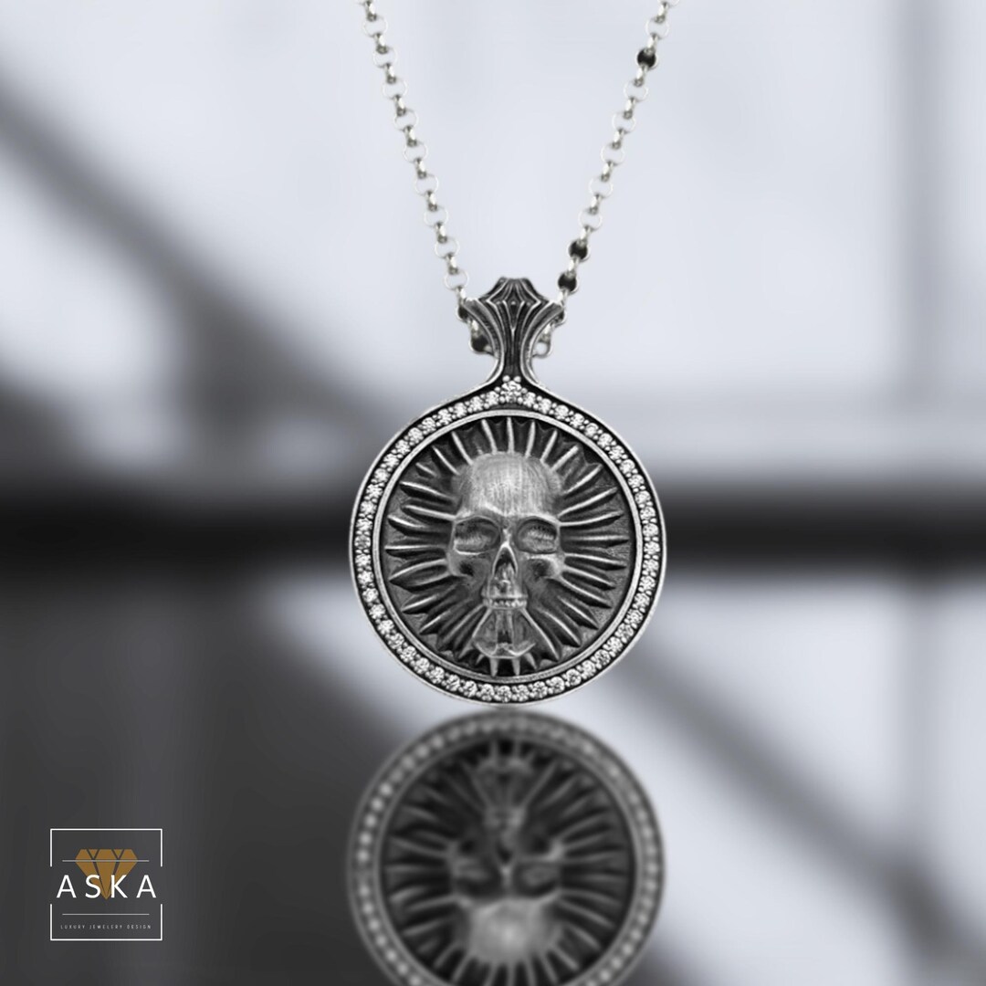 Men's Silver Skull Locket Necklace With Zircon Stone, Oxidized ...