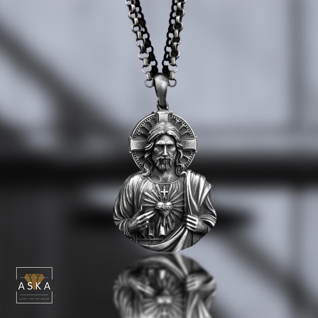 Sacred Heart of Jesus 925k Sterling Silver Pendant, Religious ...