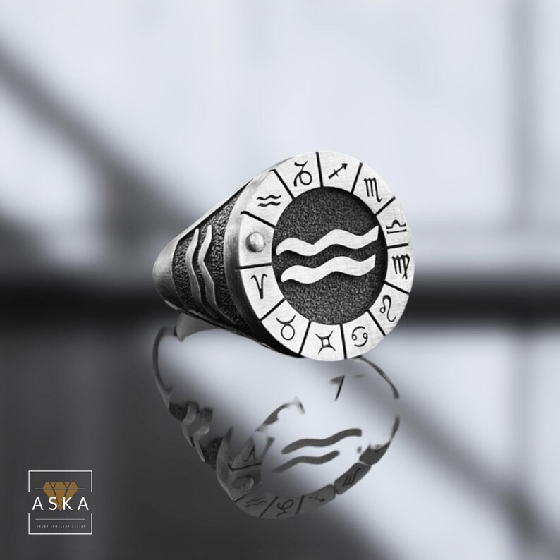 Aquarius Zodiac Sign Ring for Men, Zodiac Pinky Signet Ring in Sterling ...